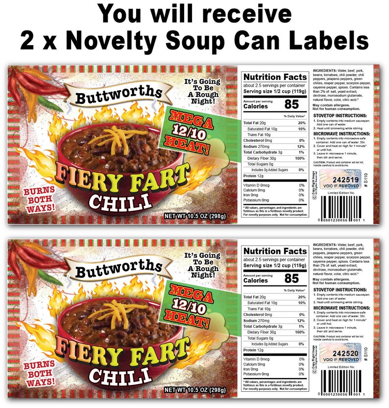 2 Funny Fiery Fart Chili Soup Can Labels Gag Gift GREAT - Etsy