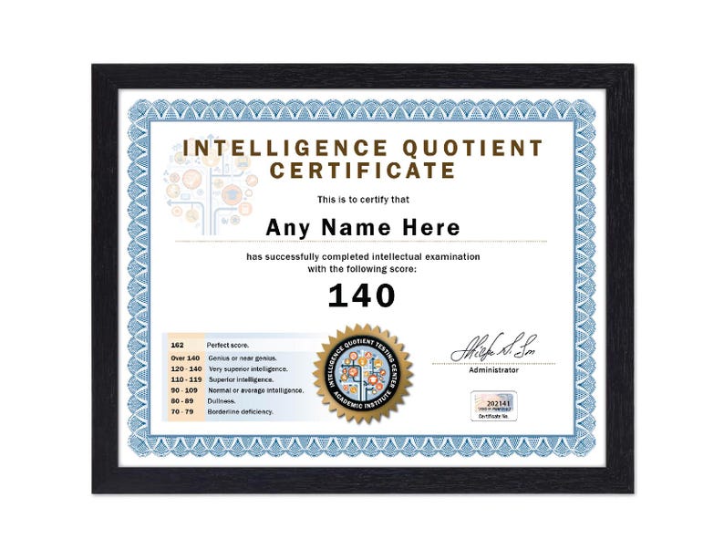 Personalized IQ Test Score Certificate: Digital Download - Intelligence ...