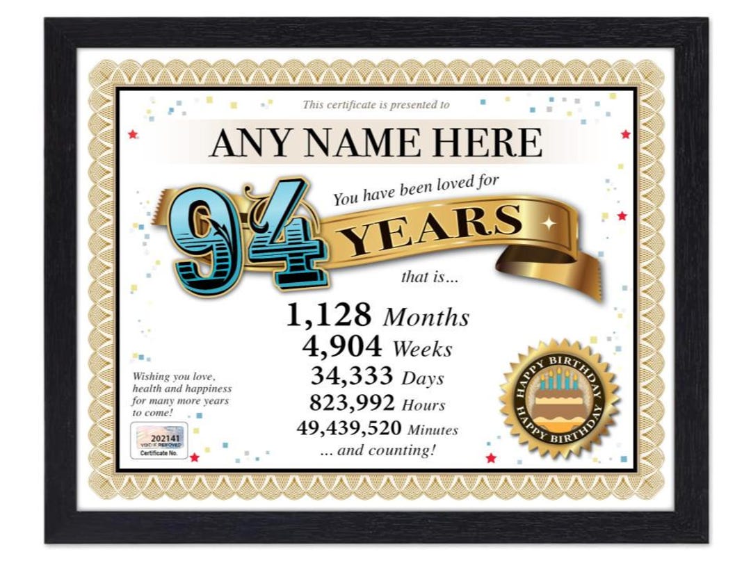 PERSONALIZED 94th Happy BIRTHDAY Certificate - Digital, Printed, or ...