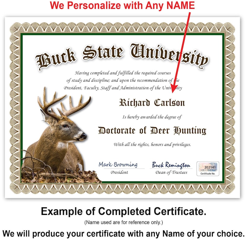 Personalized DEER HUNTING Certificate: Digital Download - Custom Hunter ...