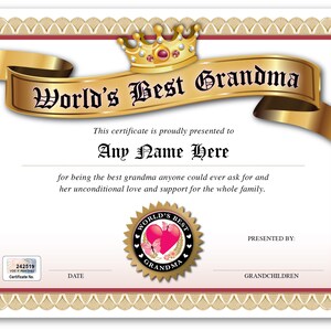 Personalized Best Grandma in the World Award Certificate - Digital or ...