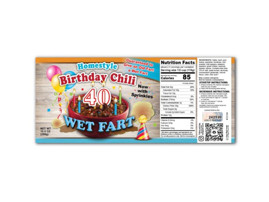 2 Funny Wet Fart Chili 40TH BIRTHDAY Soup Can Labels - GAG GIFT - Great ...