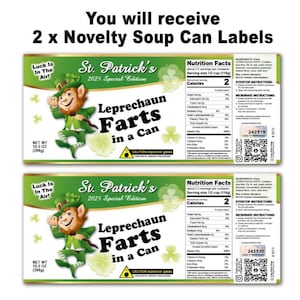 2 Funny Leprechaun Farts Soup Can Labels - GREAT Gag Gift Present Party ...