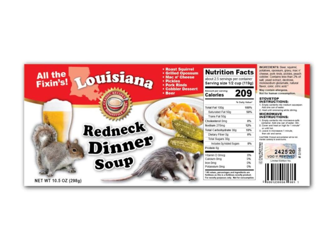 2 Funny Louisiana Redneck Dinner Soup Can Labels - GREAT Gag Gift ...