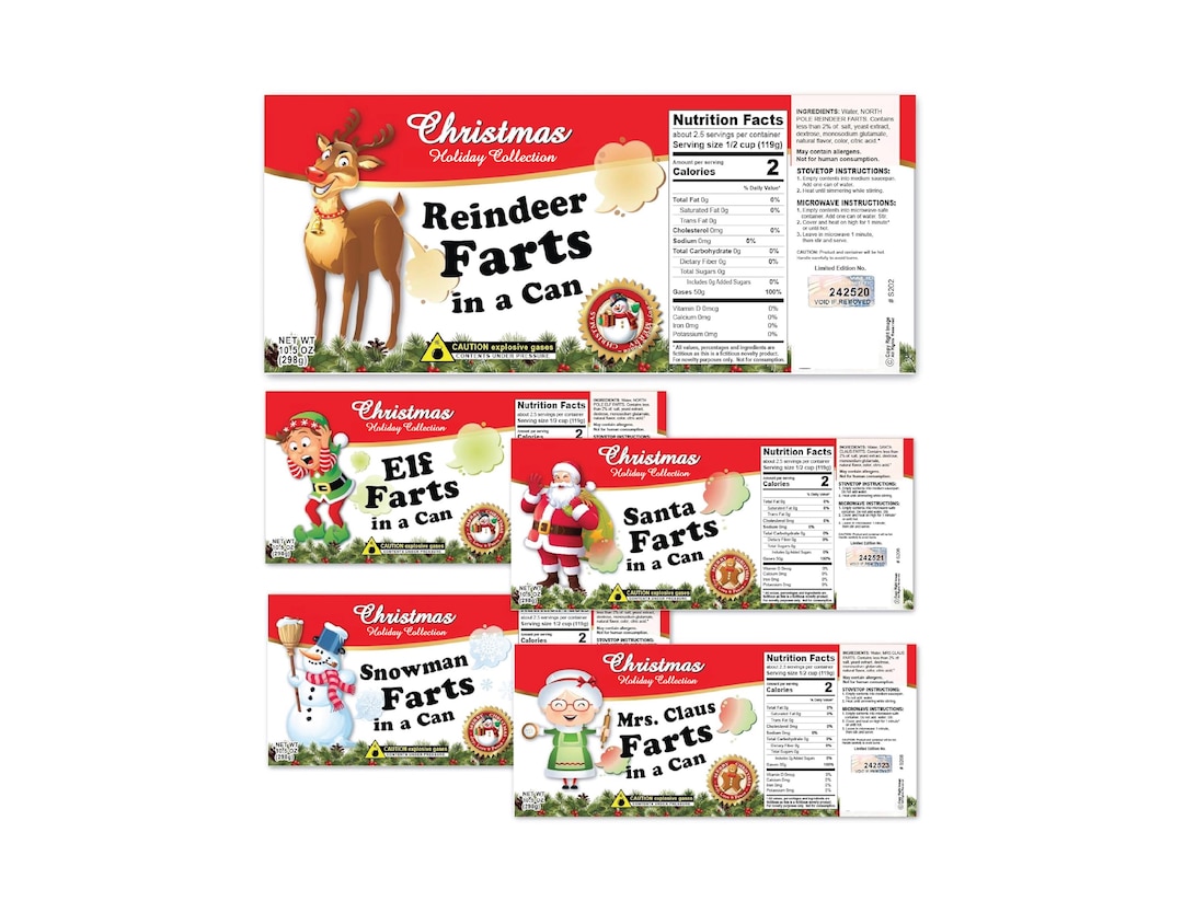 5 Pack CHRISTMAS Farts Soup Can Labels - Funny Gag Gift or Stocking ...