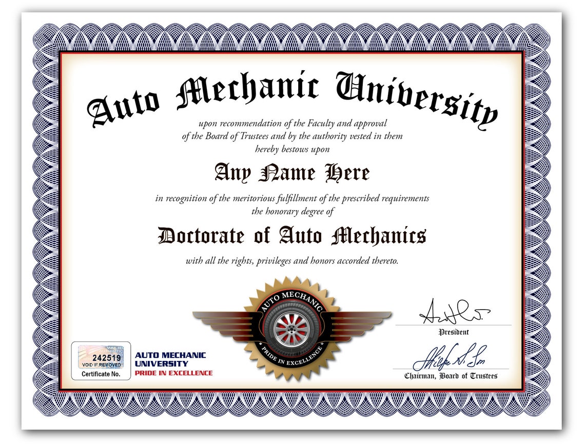 Personalized Auto Mechanic University Certificate Digital or | Etsy