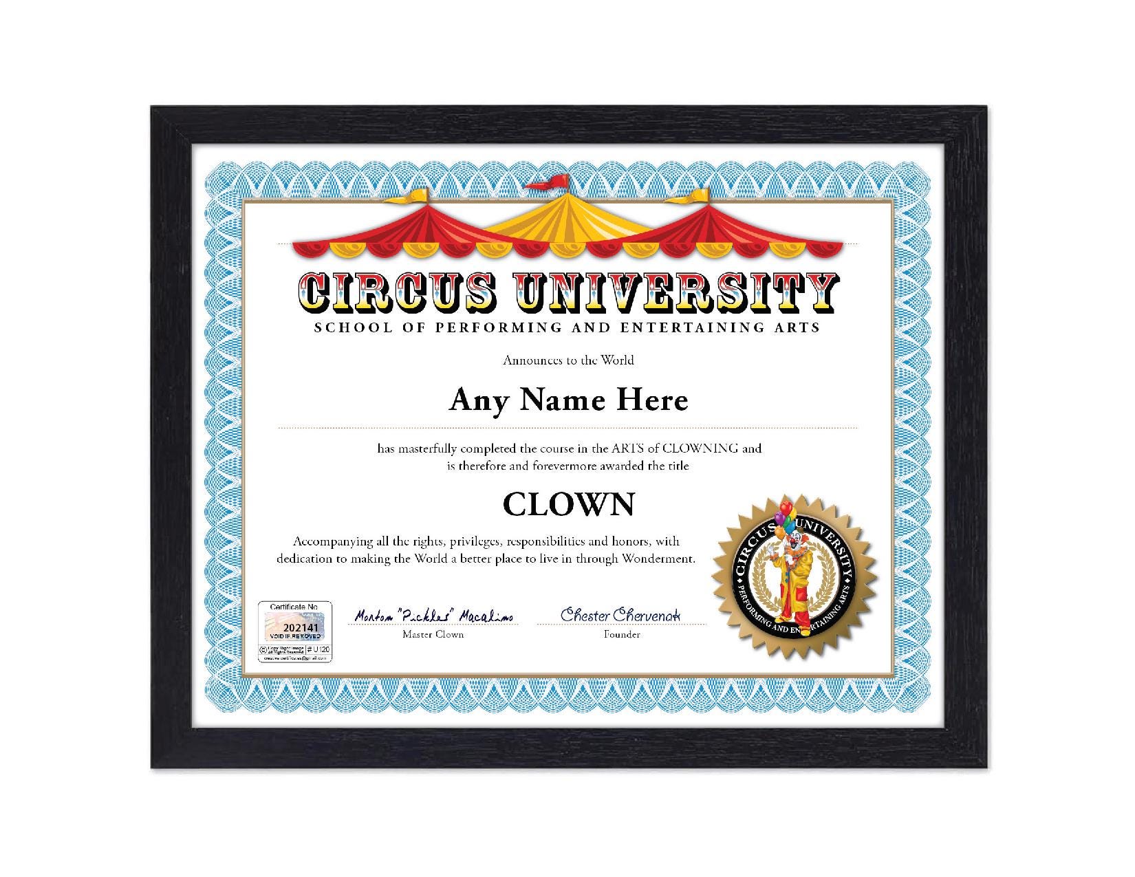PERSONALIZED Circus University Certificate - Digital, Printed, or ...