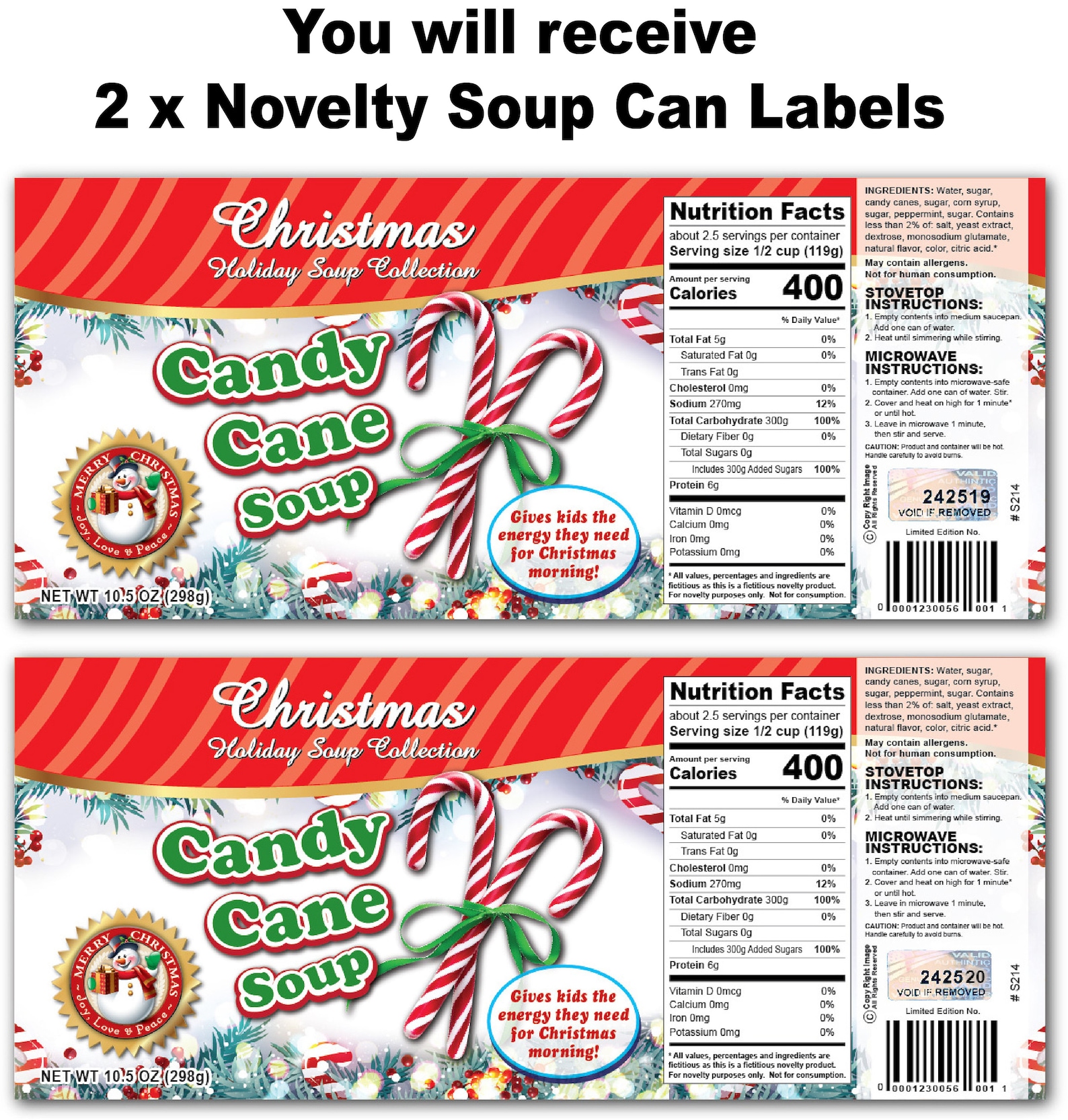 2 Funny Candy Cane Soup Can Labels Gag Gift GREAT Stocking Stuffers ...