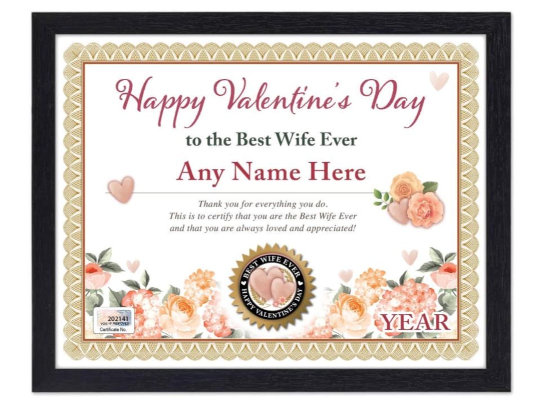 PERSONALIZED Valentine's Day Best WIFE Certificate - Digital, Printed, or Framed - GIFT Present ...