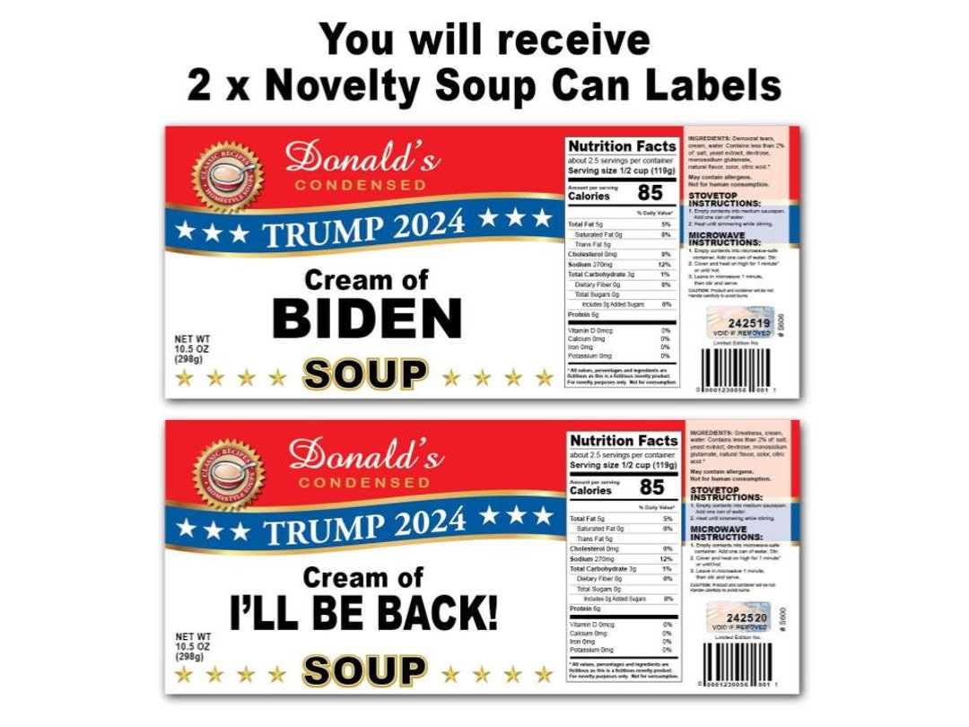 2 FUNNY Cream of Biden DONALD Trump Soup Can Labels - Republican MAGA ...