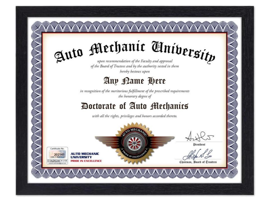 Personalized AUTO MECHANIC University Certificate - Digital, Printed ...
