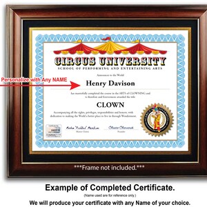 PERSONALIZED Circus University Certificate - DIGITAL or PRINTED - Clown ...