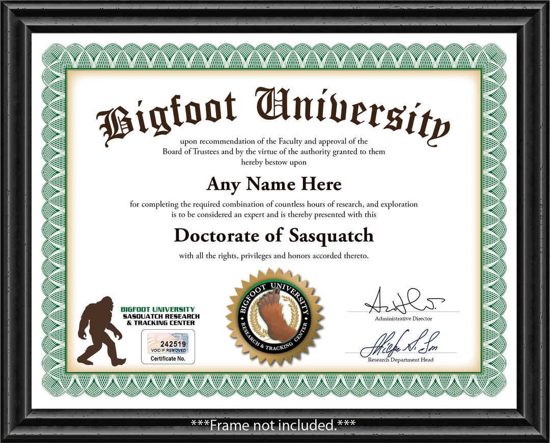 Personalized Bigfoot University Certificate Digital or Printed Custom ...