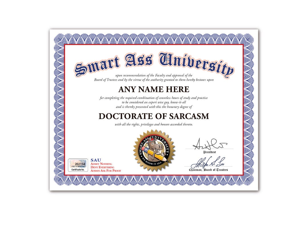 Personalized SARCASM University Certificate: Digital Download - Smart ...