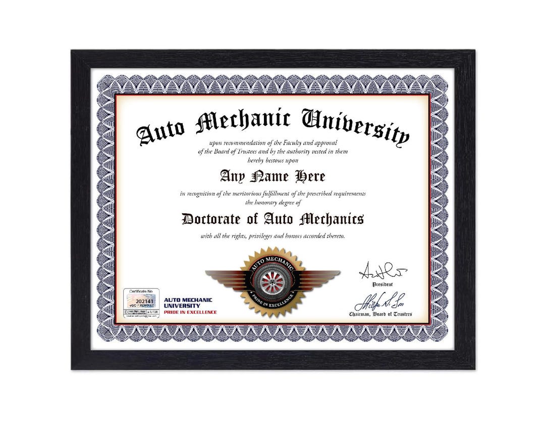 Personalized AUTO MECHANIC University Certificate - Digital, Printed ...