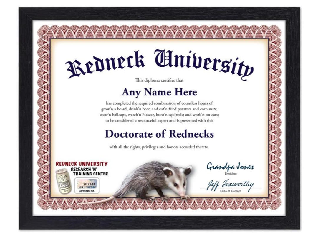 Personalized REDNECK University Certificate - Digital, Printed or ...