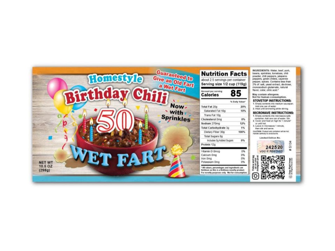 2 Funny Wet Fart Chili 50TH BIRTHDAY Soup Can Labels GAG GIFT Great ...