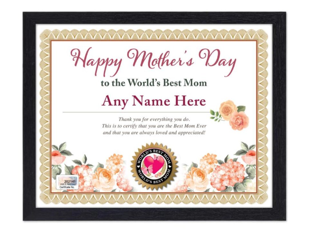 PERSONALIZED Mother's Day Certificate - Digital, Printed, or Framed ...