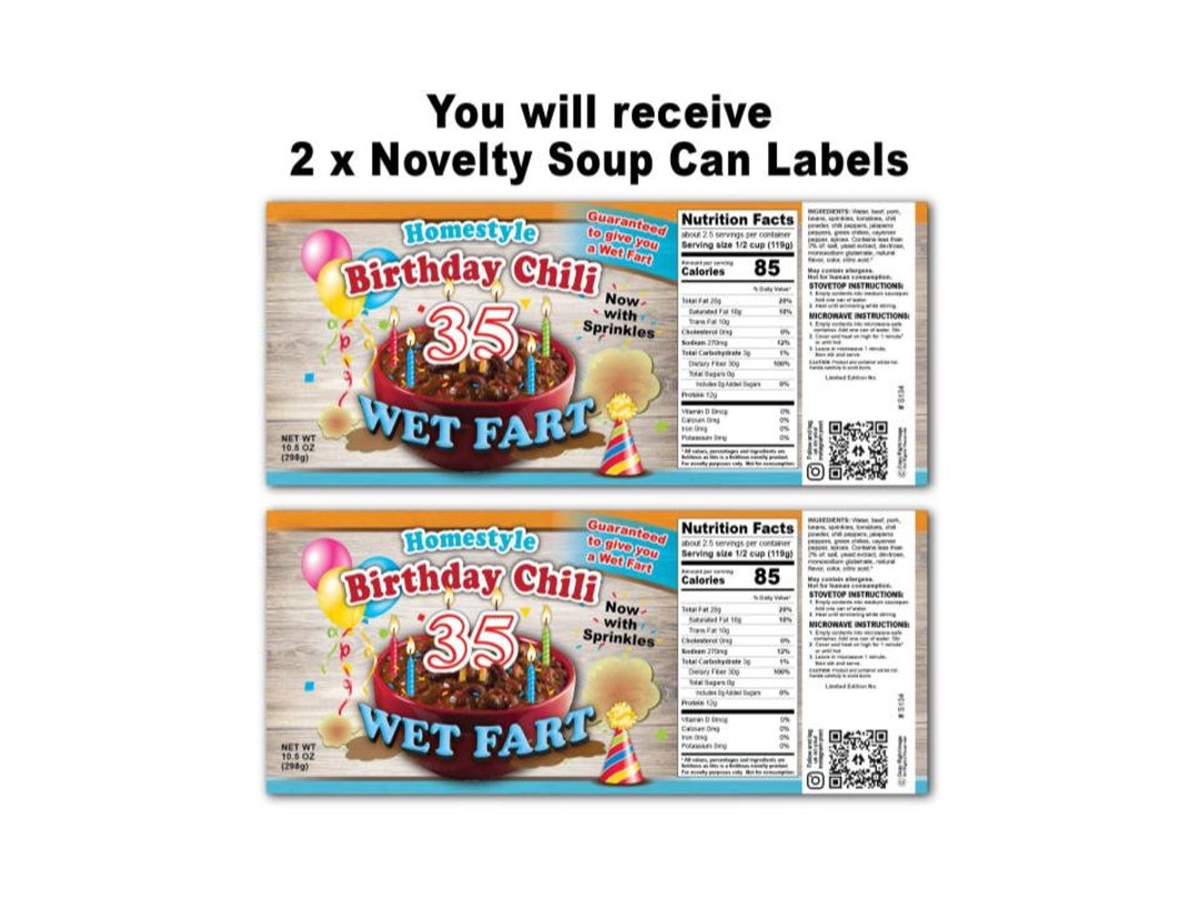 2 Lustige Wet Fart Chili 35. GEBURTSTAG Suppendosen Etiketten GAG ...