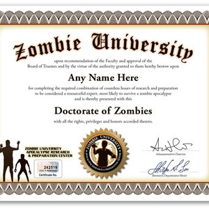 Personalized Zombie University Certificate Digital or Printed ...