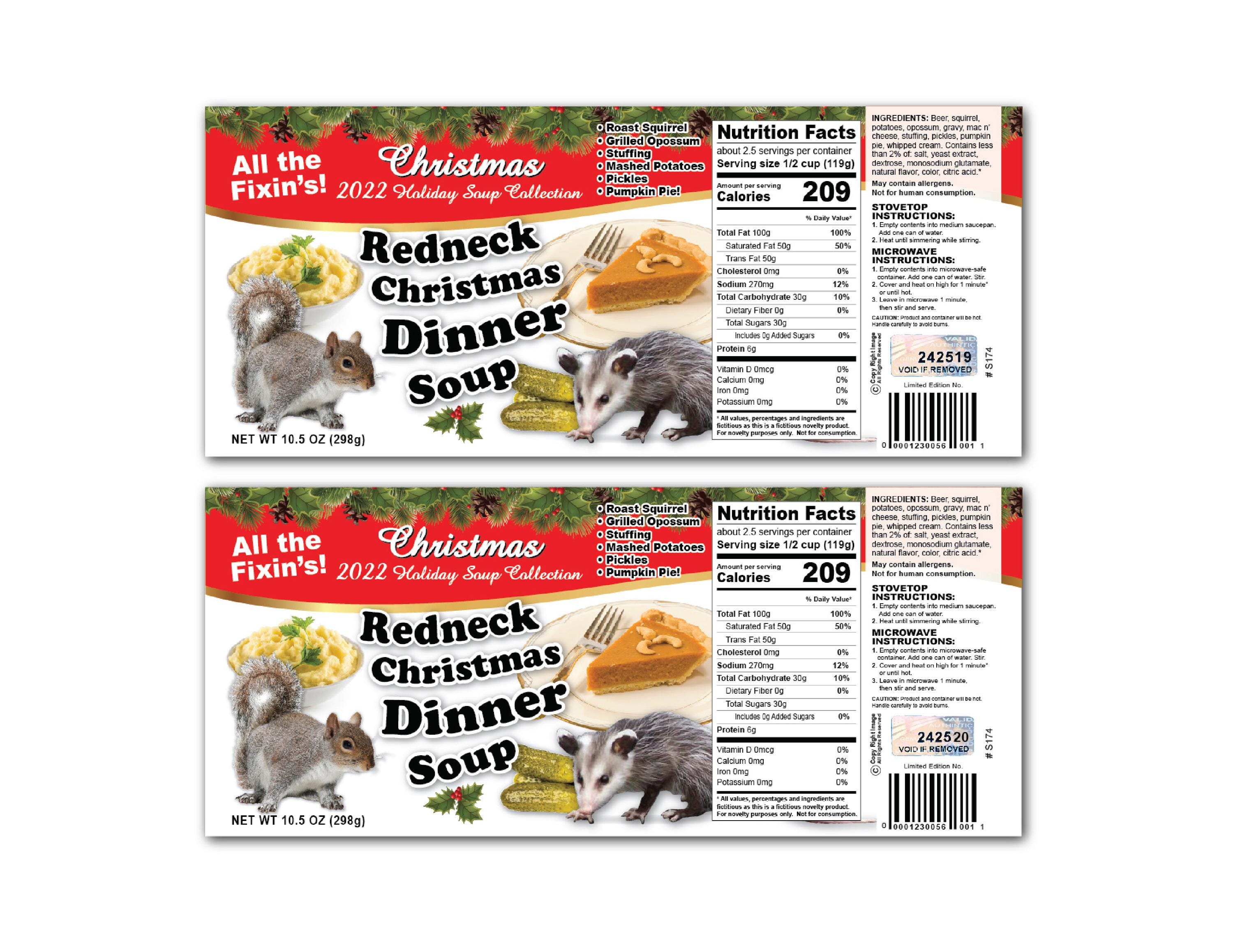 2 Redneck CHRISTMAS Soup Can Labels - Funny Gag Gift - Joke Stocking ...