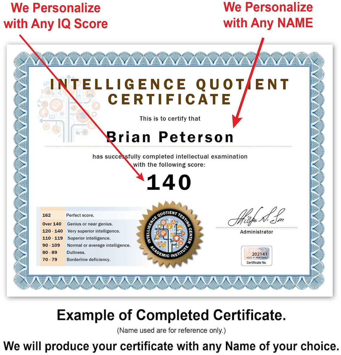 Personalized IQ Test Score Certificate: Digital Download - Intelligence ...