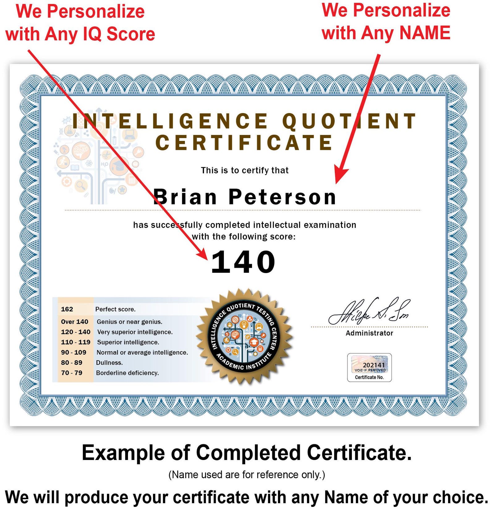 Personalized IQ Test Score Certificate: Digital Download - Intelligence ...