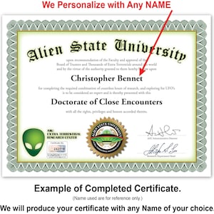 Personalized ALIEN University Certificate - Digital, Printed, or Framed ...