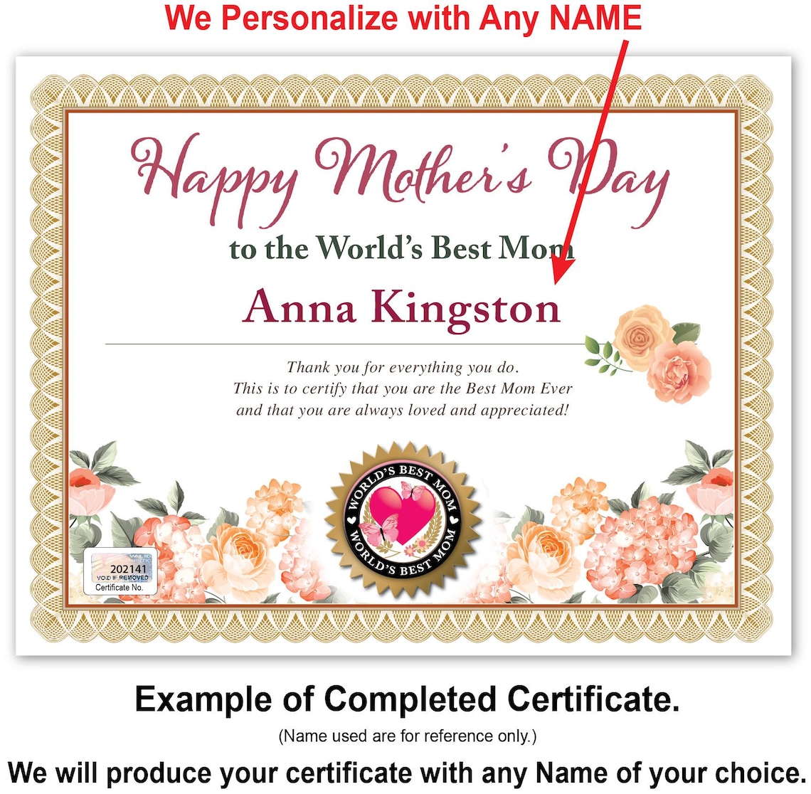 PERSONALIZED Mother's Day Certificate - Digital, Printed, or Framed ...