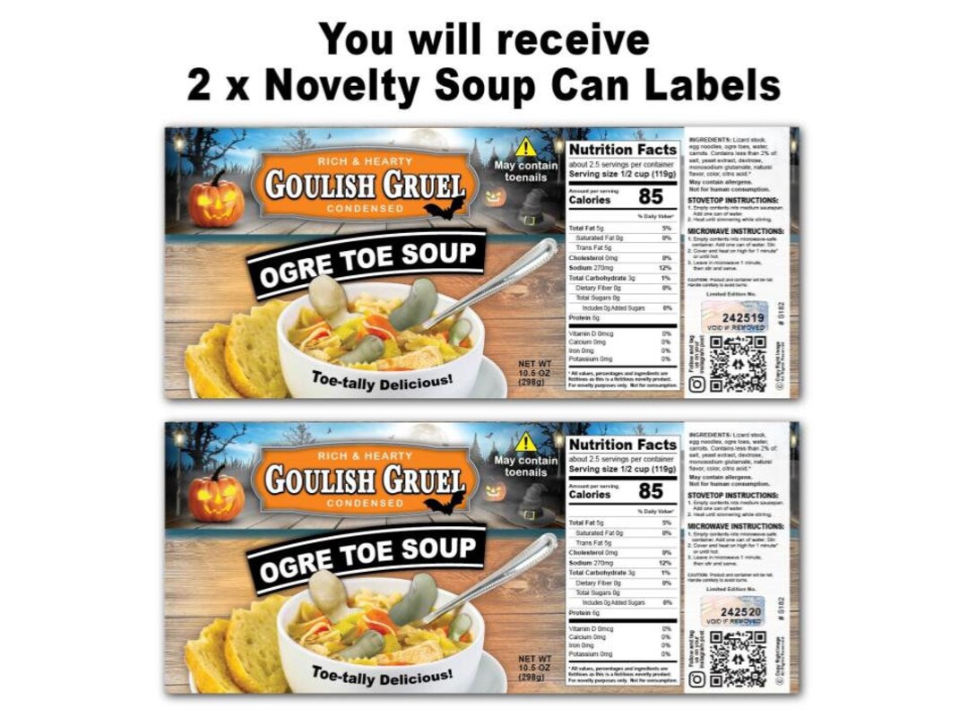 2 Funny HALLOWEEN Ogre TOE Soup Can Labels - Eyes Gruel Creepy Spooky ...