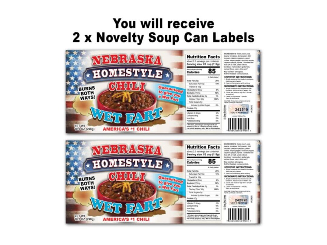 2 Funny Wet Fart Nebraska Chili Soup Can Labels - GAG GIFT - Great ...