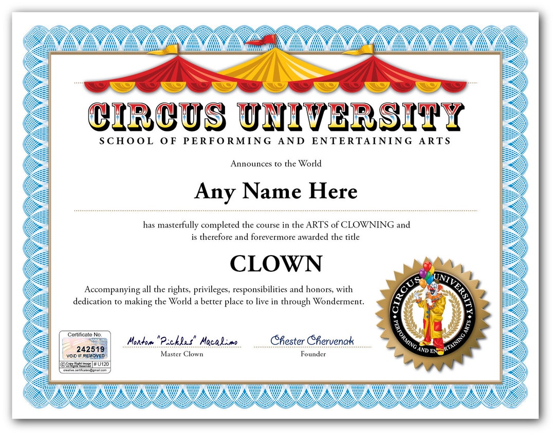 PERSONALIZED Circus University Certificate - DIGITAL or PRINTED - Clown ...