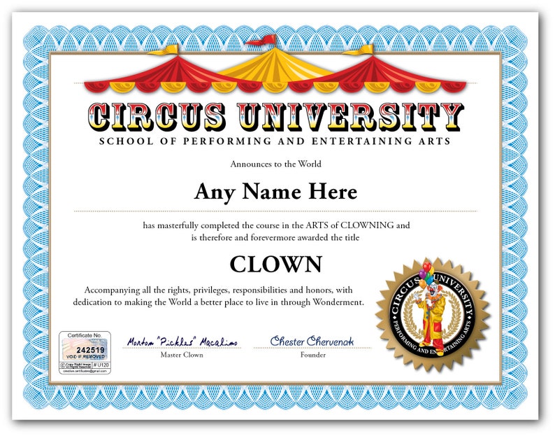 PERSONALIZED Circus University Certificate DIGITAL or - Etsy