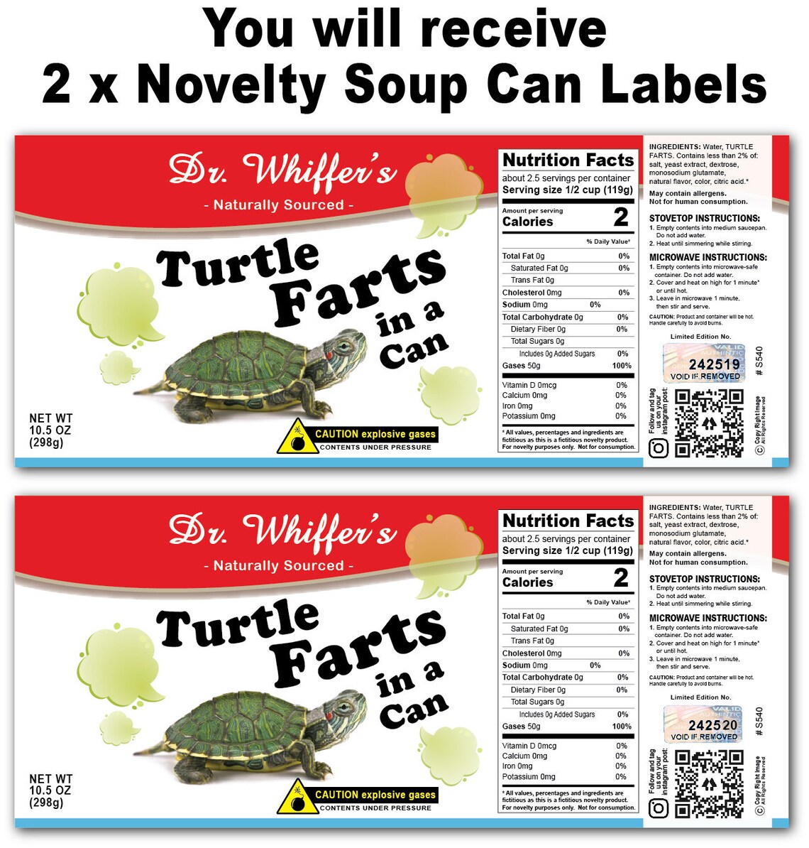 2 Funny TURTLE FARTS Soup Can Labels - GREAT Gag Gift for Pet Lovers ...