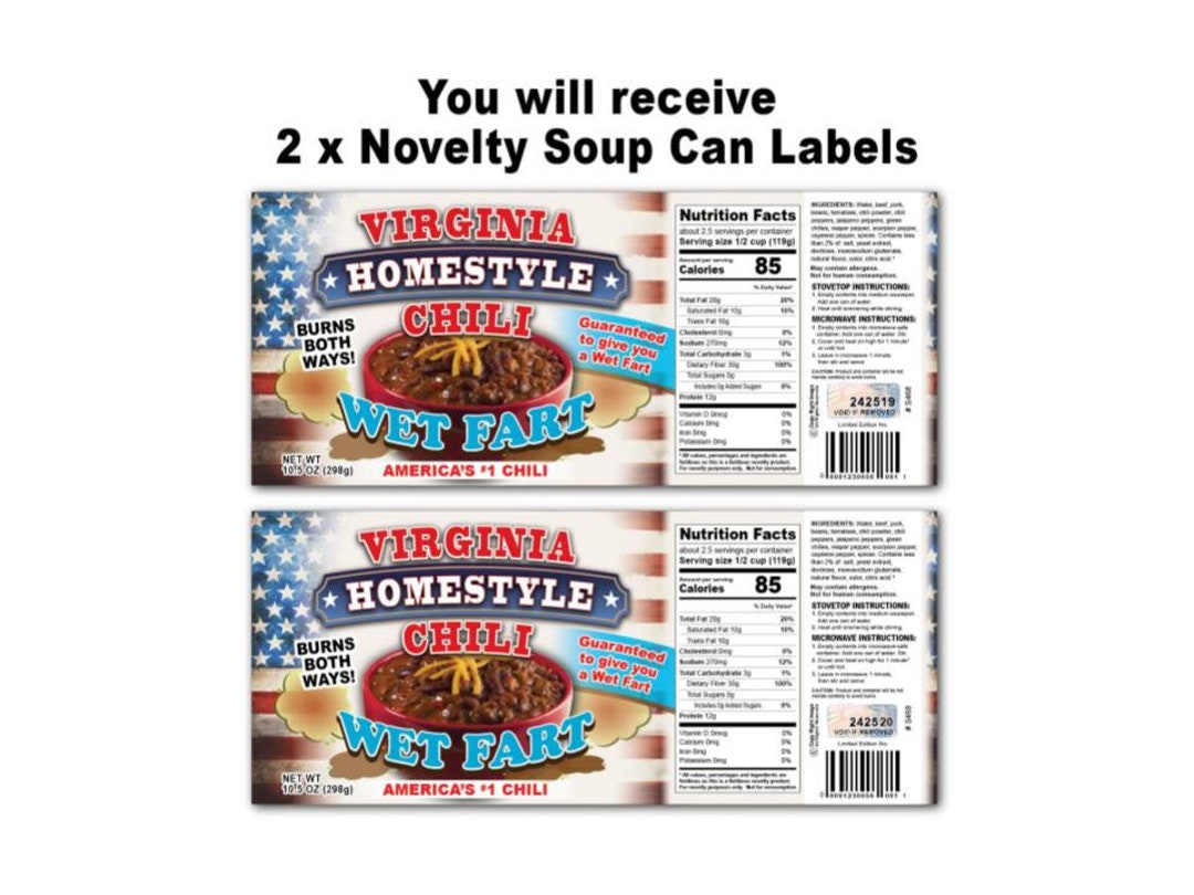 2 Funny Wet Fart Virginia Chili Soup Can Labels - GAG GIFT - Great ...