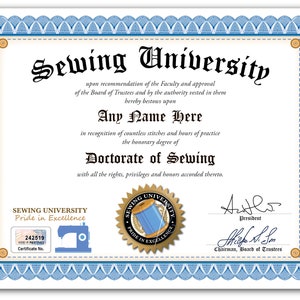 PERSONALIZED Sewing University Certificate Award Seamstress Machine ...