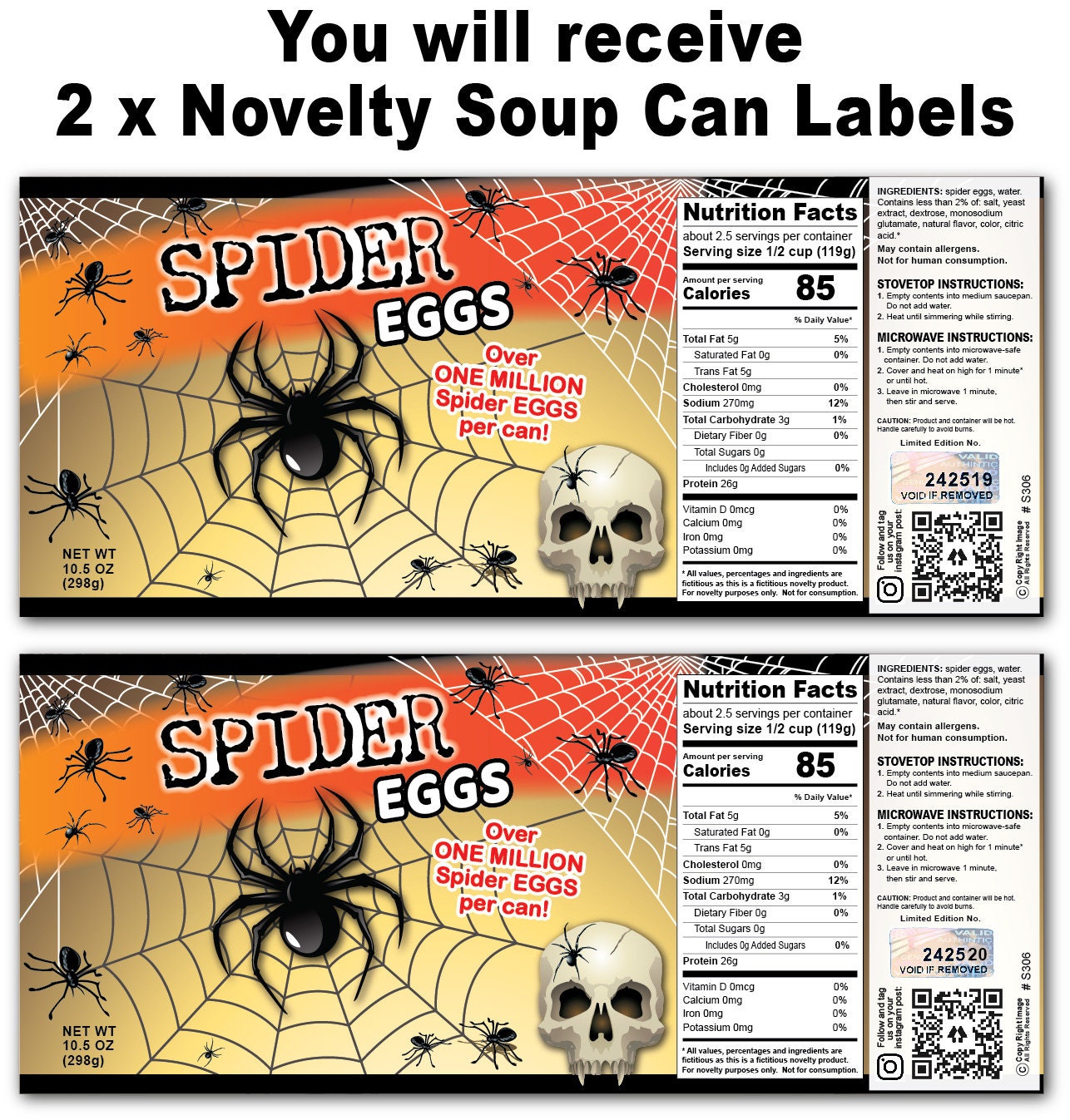 2 HALLOWEEN Spider Eggs Soup Can Labels - Funny Gag Gift or Party Favor ...
