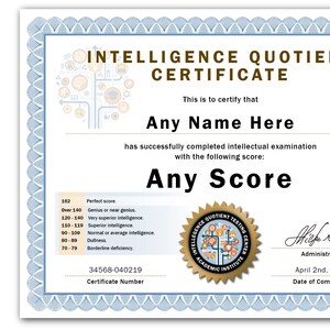 Personalized IQ Test Score Certificate Intelligence Quotient DIGITAL or ...