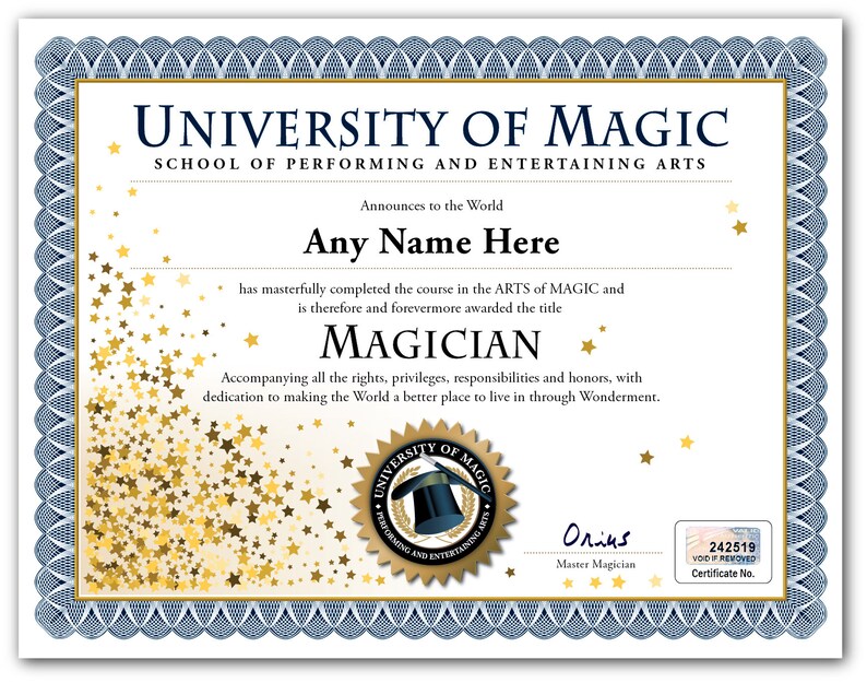 Personalized University of Magic Certificate Digital or - Etsy