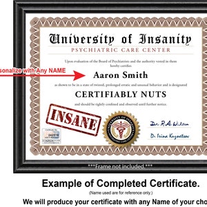 PERSONALIZED Insane University Certificate DIGITAL or PRINTED Funny ...