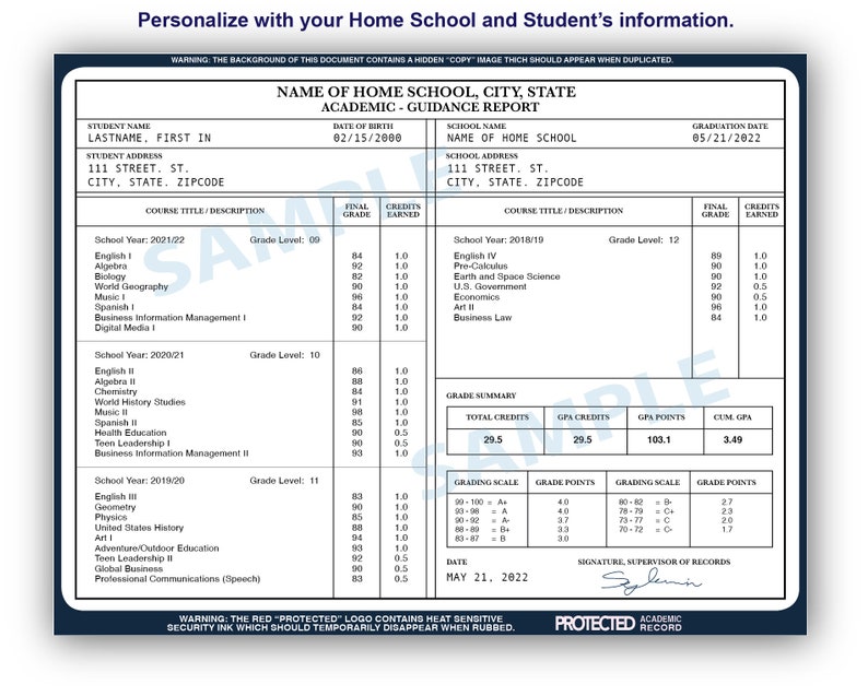 Personalized Home School TRANSCRIPT High School Education - Etsy