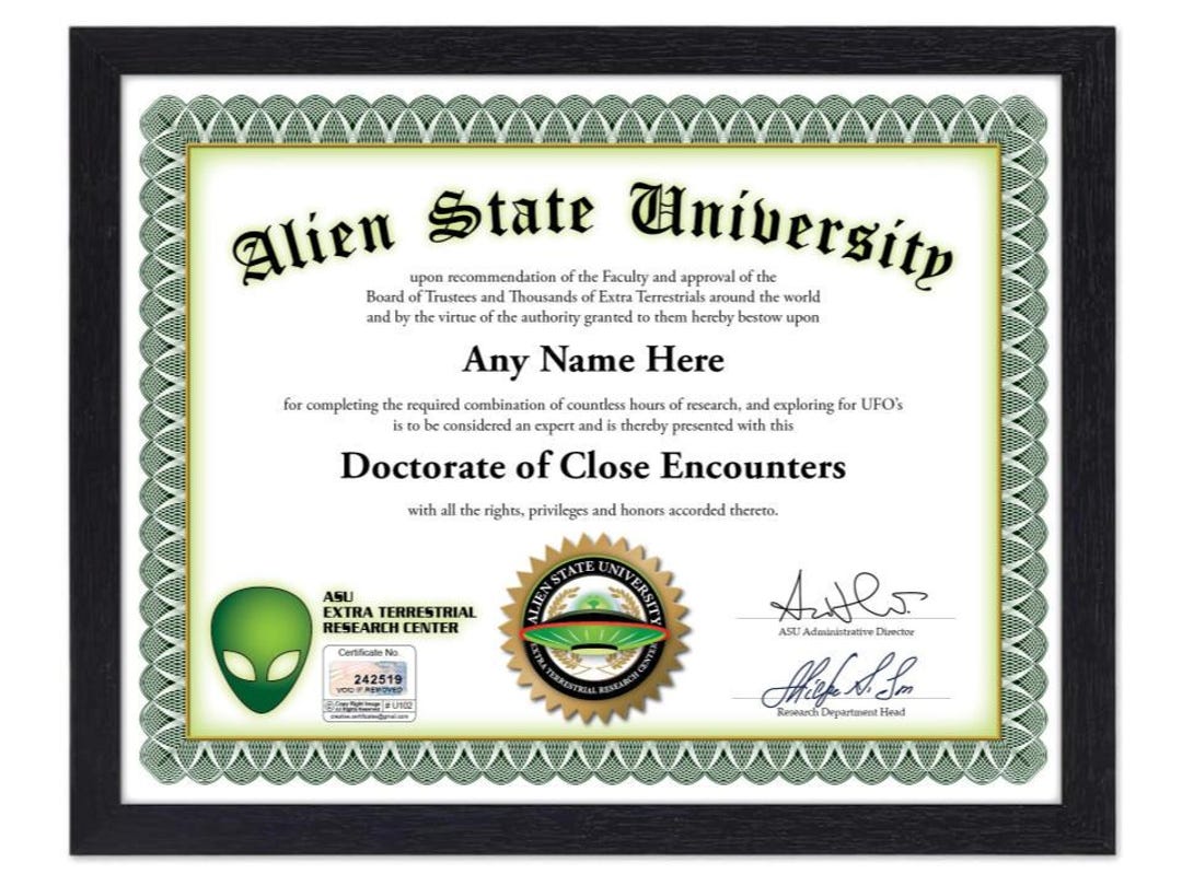Personalized ALIEN University Certificate - Digital, Printed, or Framed ...