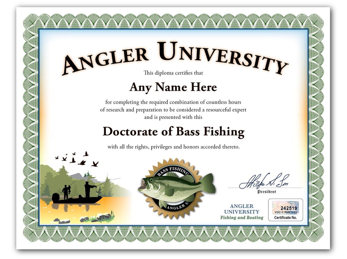 PERSONALIZED Bass Fishing University Certificate DIGITAL or - Etsy