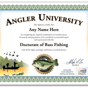 PERSONALIZED Bass Fishing University Certificate DIGITAL or PRINTED Rod ...