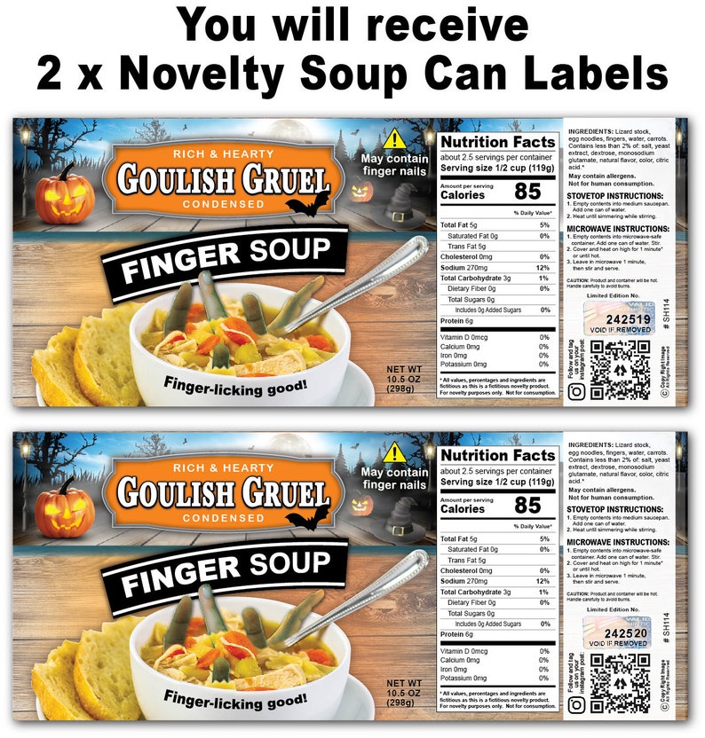 2 Funny HALLOWEEN Finger Soup Can Labels - Bones Skeleton Gruel Creepy ...