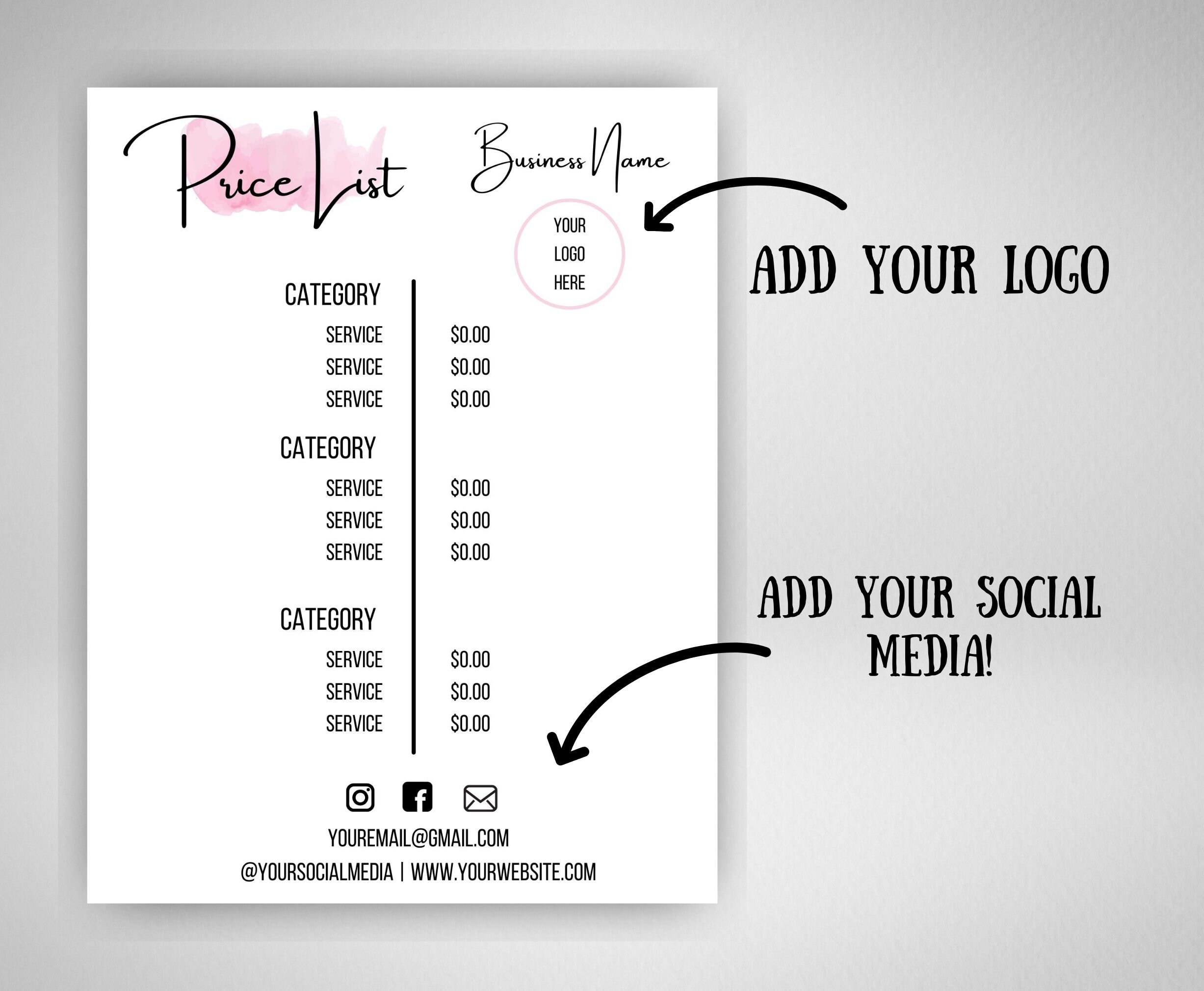 Editable Price List Template, Add Your Logo, Modern Price List Form ...