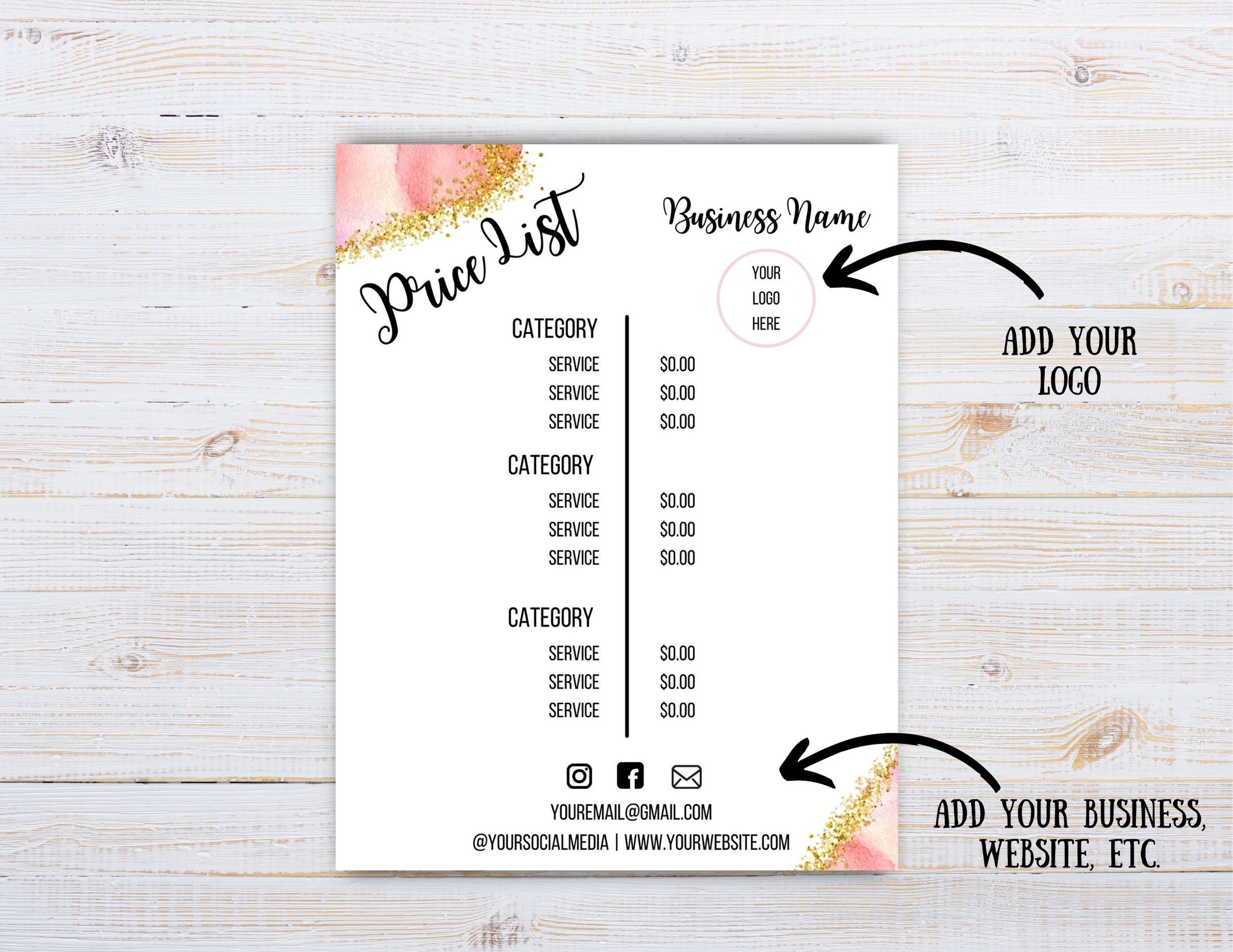 Editable Price List Template, Price List Printable, Price List Sign ...