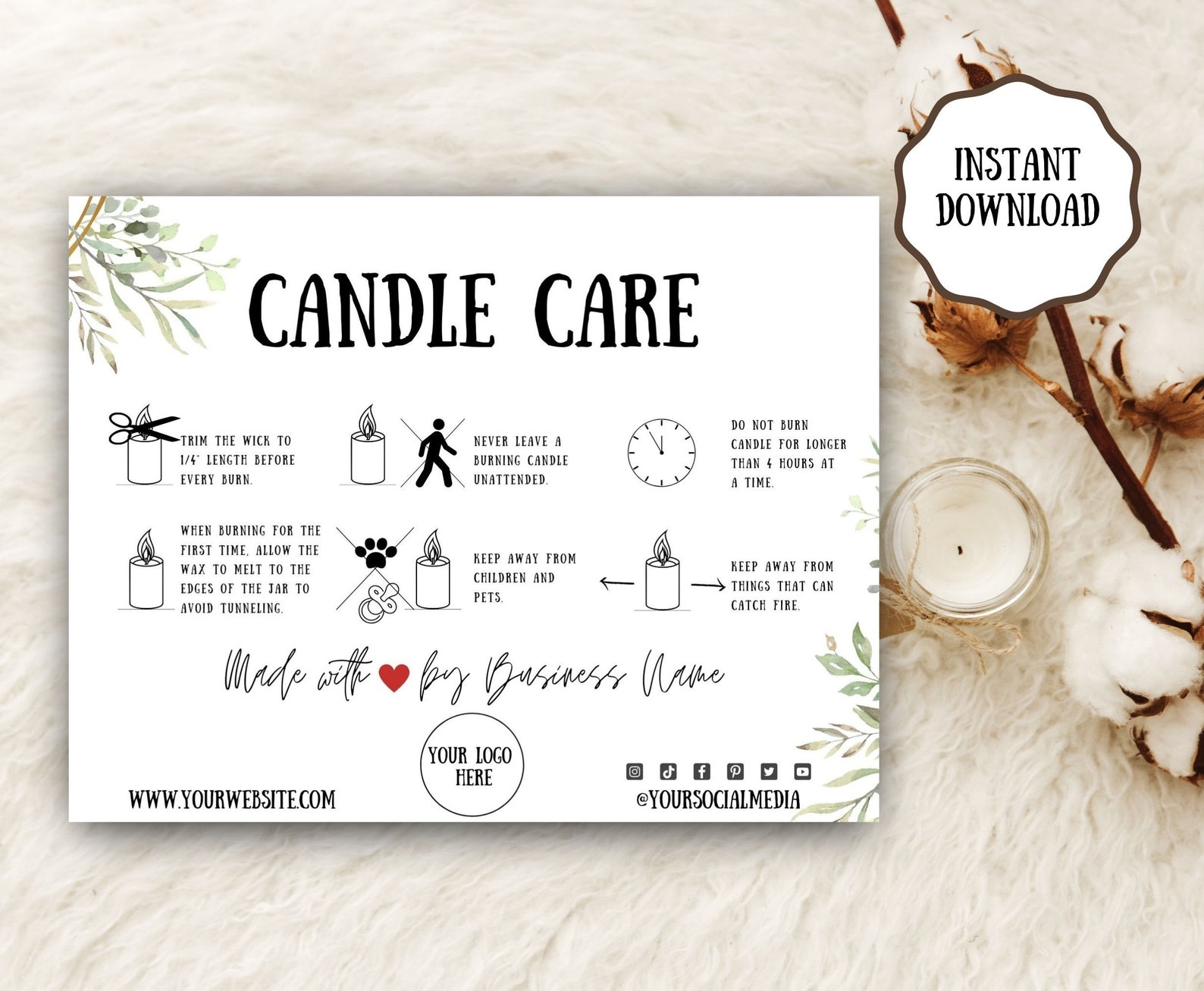 Editable Candle Care Card Printable Candle Care Template - Etsy