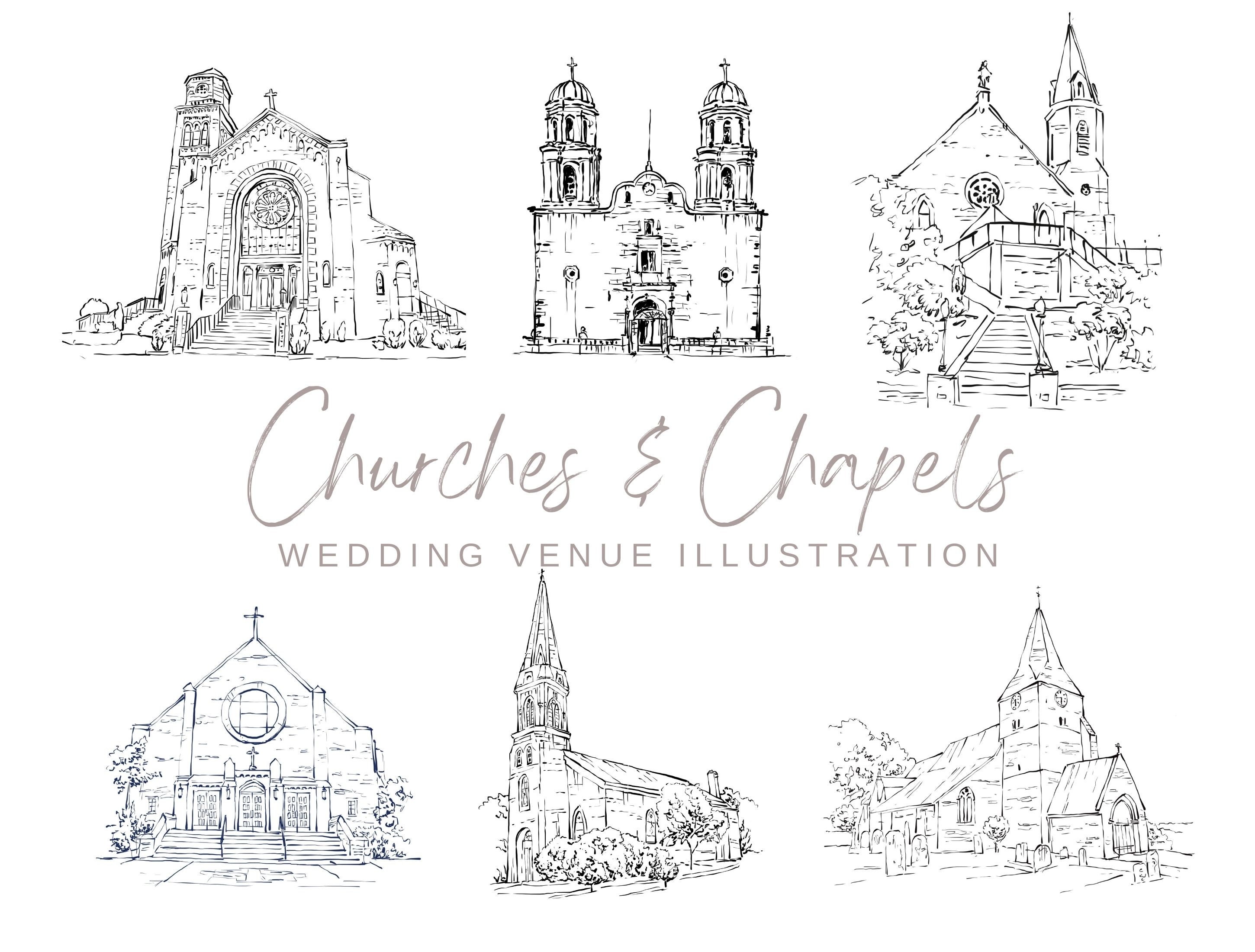 Church Wedding Venue Illustration, Wedding Venue Sketch, Custom Wedding ...