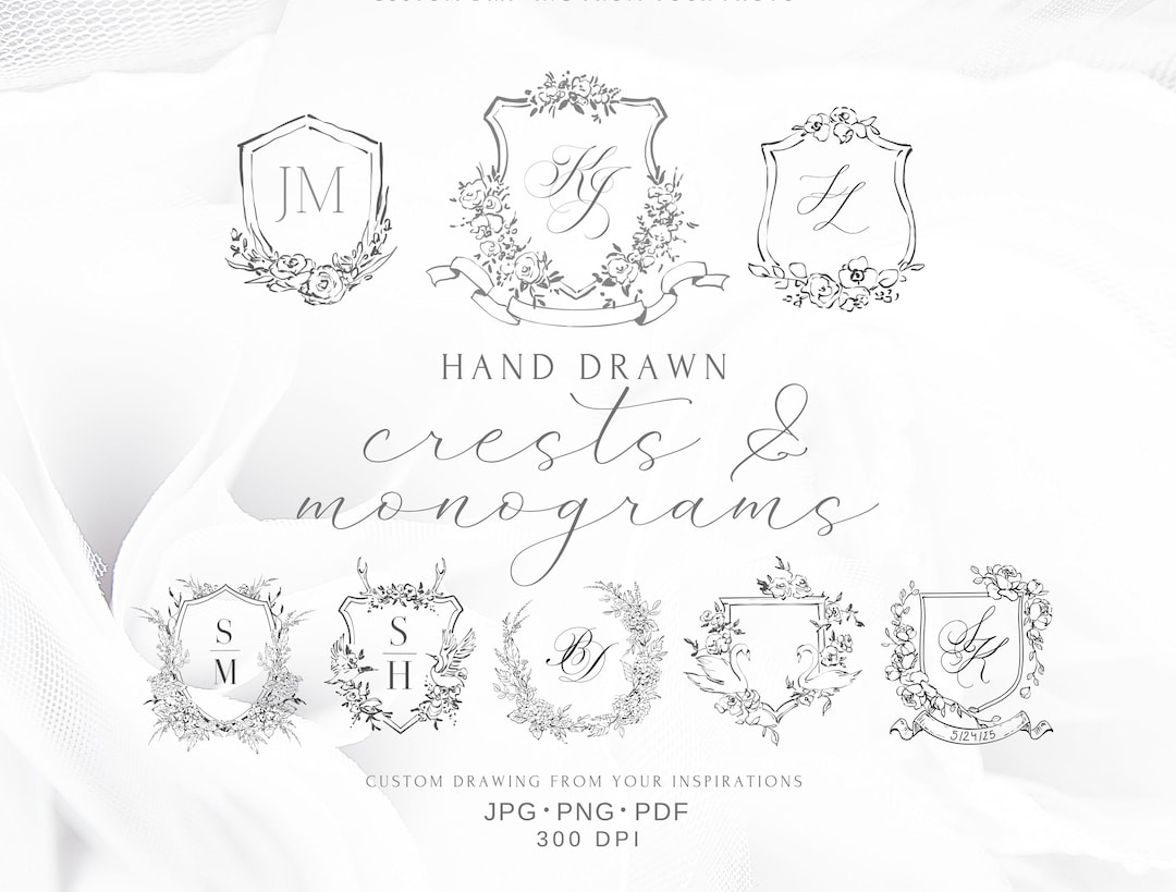 Monogram Wedding Crest, Custom Wedding Logo, Hand Drawn Floral Monogram ...